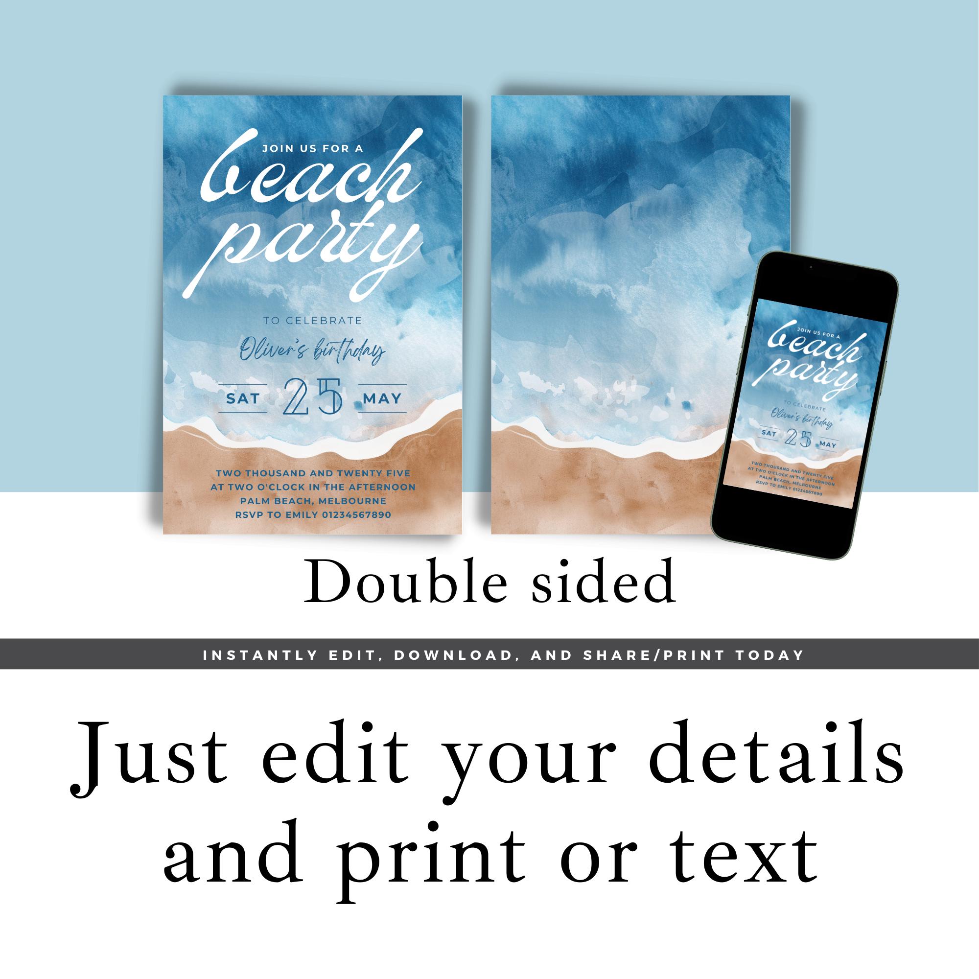 Beachy Birthday Party Invitation - Summer Surf Invite - Tropical Beach ...