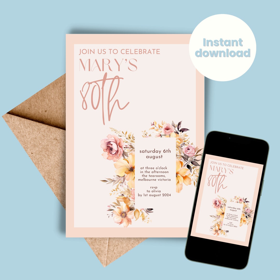 80th Birthday Invitation Flyer Floral Invite Roses Eightieth ...