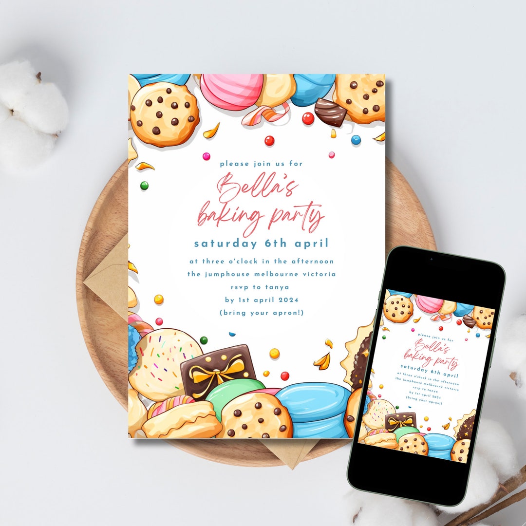 Bakery Birthday Invite Baking Party Invitation Cookies and Cakes Girls ...