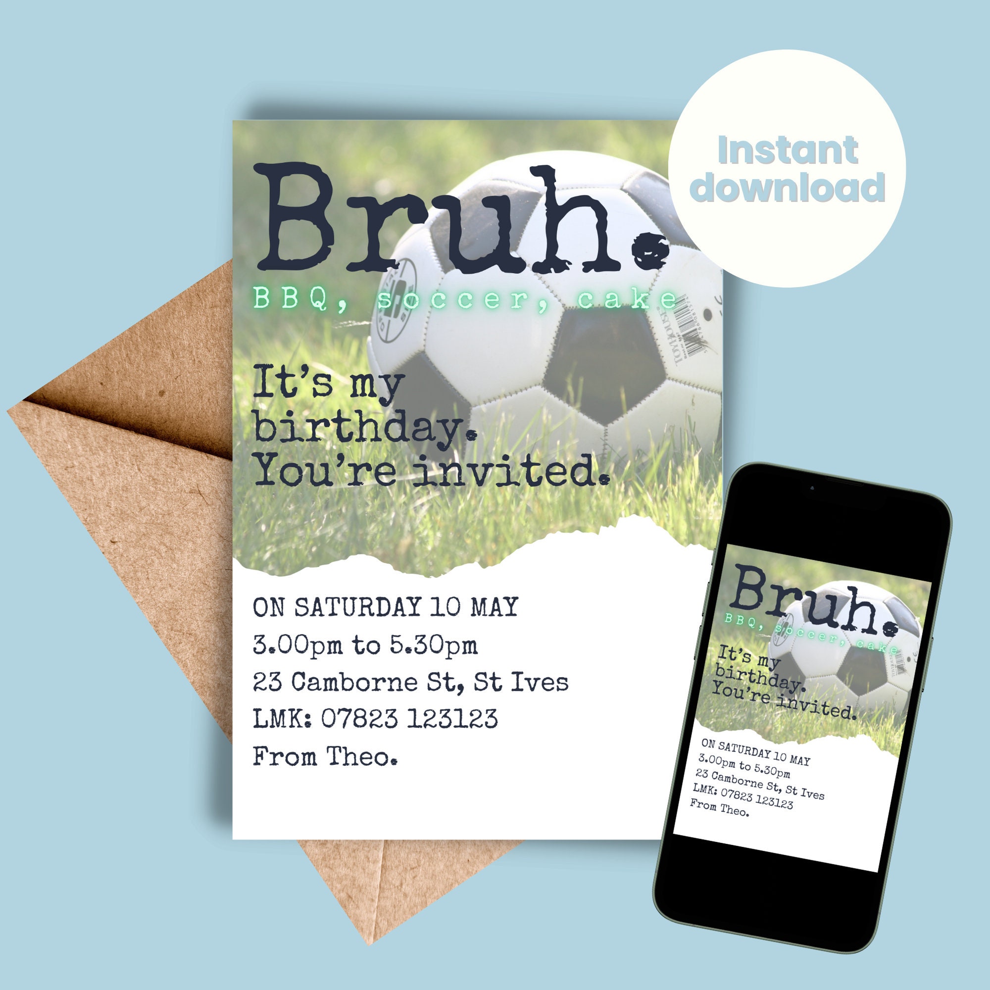 Bruh Birthday Invitation Boy Soccer Football Birthday Party Invitation ...