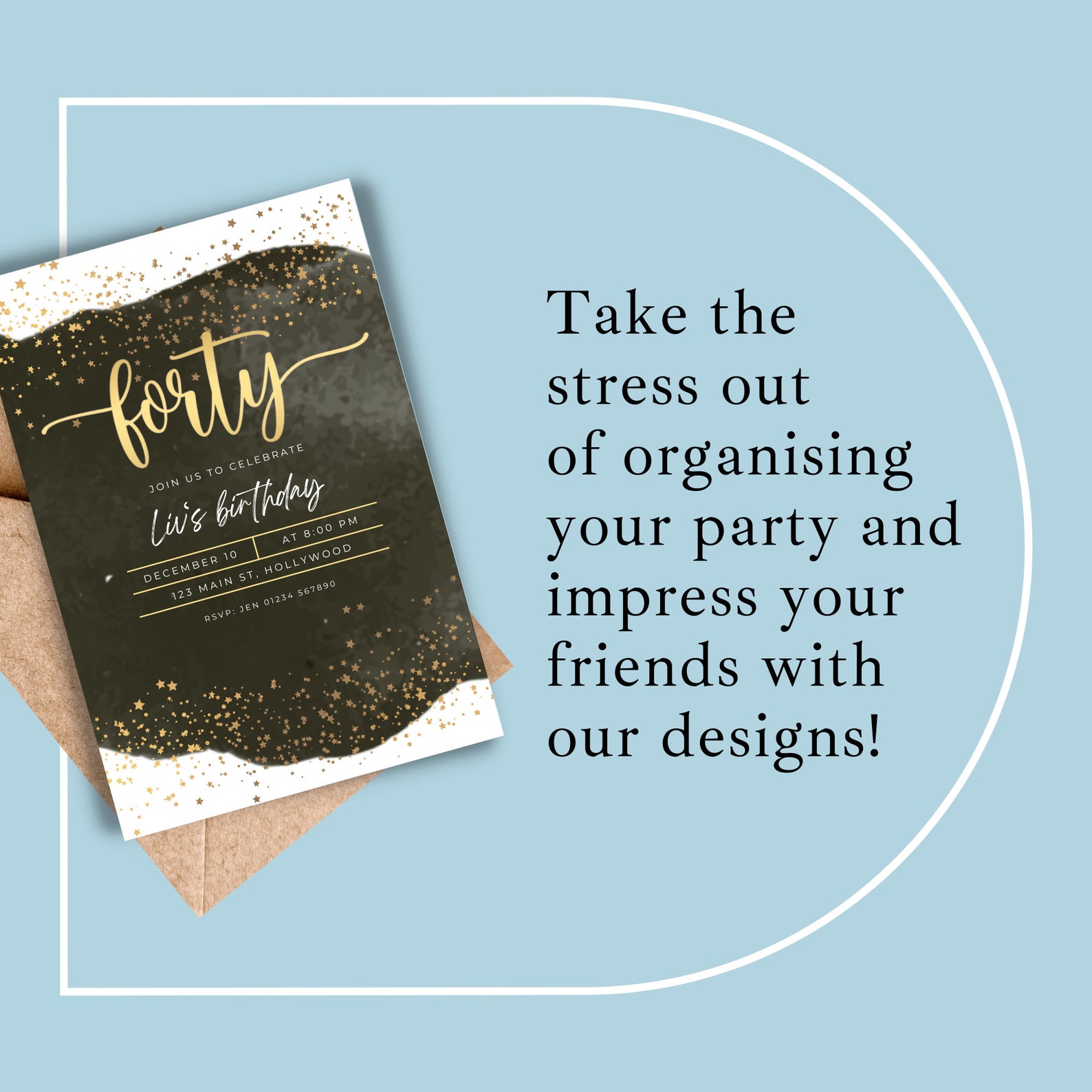 40th Birthday Party Invitation Pastel Sparkle Black Monochrome Gold ...