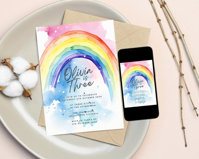 Rainbow Birthday Invitation Colorful Pastel Rainbow Party Invite ...
