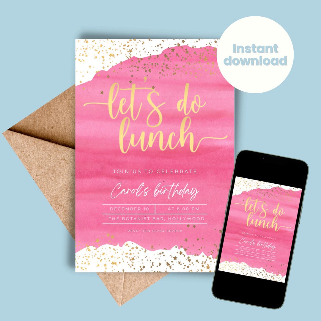 Let's Do Lunch Party Invitation Pastel Sparkle Pink Cerise Gold ...