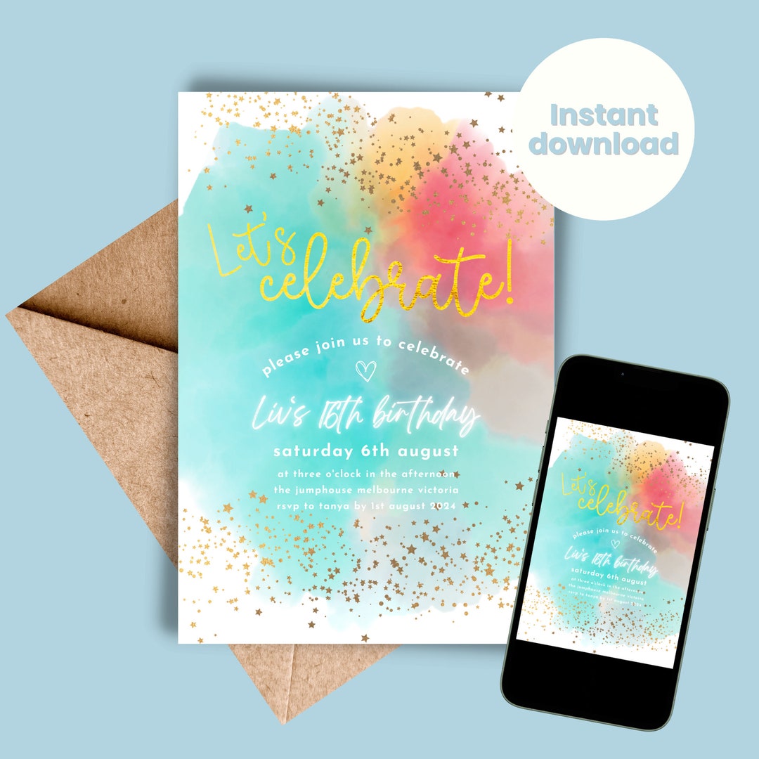 Birthday Party Invitation Let's Celebrate Invite Pastel Sparkle Rainbow ...