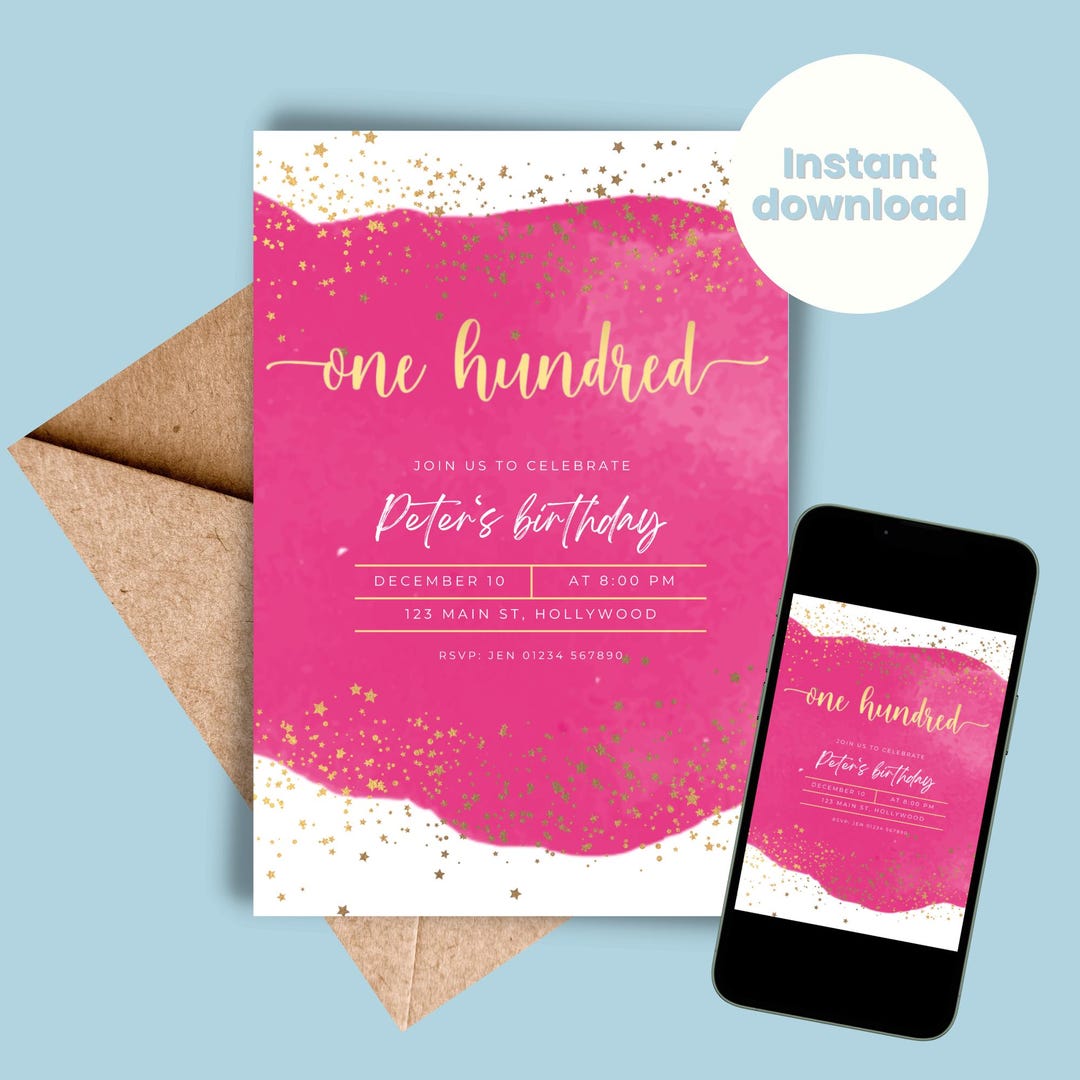 100th Birthday Party Invitation Pastel Sparkle Pink Tropical Cerise ...