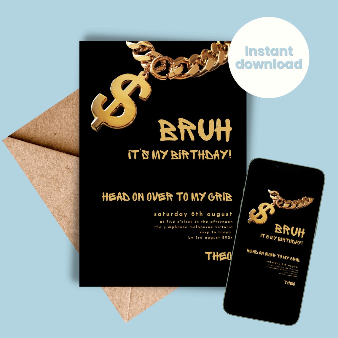 Birthday Party Invite Editable Chains Hip Hop Grafitti Retro Bruh Dude ...