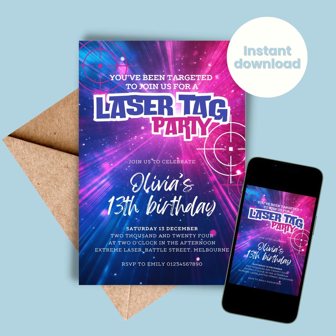 Editable Laser Tag Birthday Invitation Neon Lazer Tag Invite Pink ...