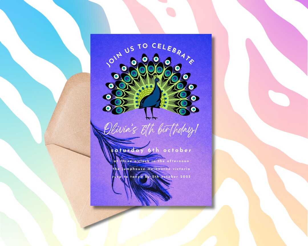 Peacock Birthday Party Invitation Purple Invite Girls Boys Fancy ...