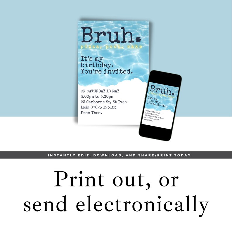 Bruh Birthday Invitation Boy Pool Birthday Party Invitation Bruh It's ...