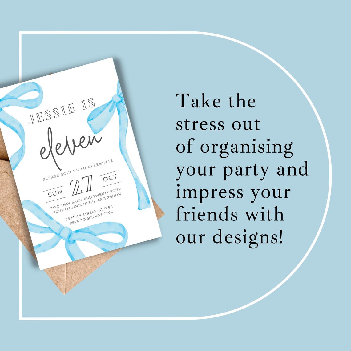 11th Birthday Invitation Blue and White Bows Girl Mobile Eleven ...
