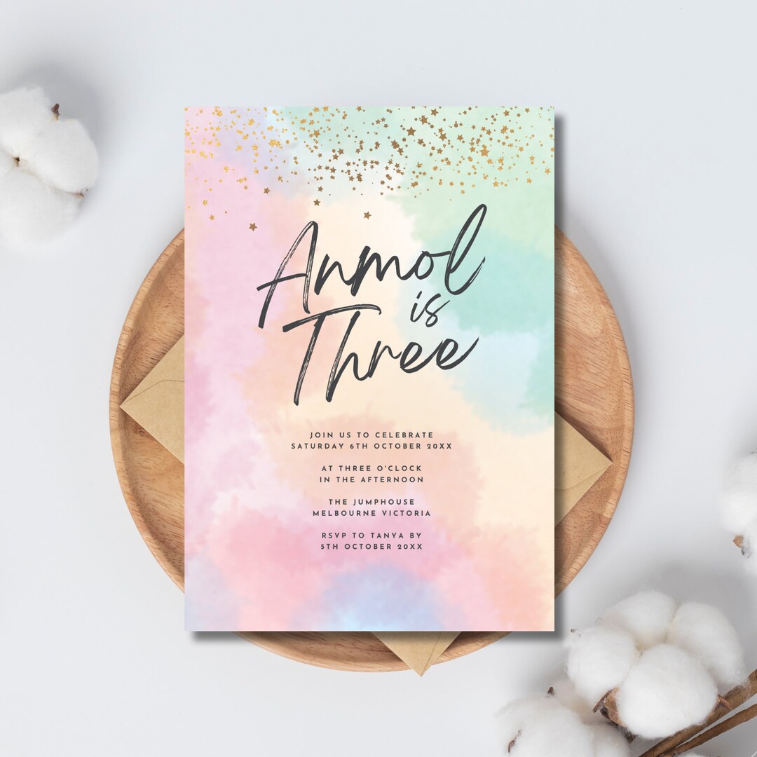 3rd Birthday Party Invitation for Girl | Rainbow | Pastel | Sparkles ...