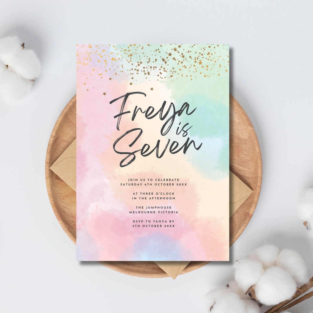 7th Birthday Party Invitation for Girl Rainbow Pastel Sparkles Gold ...