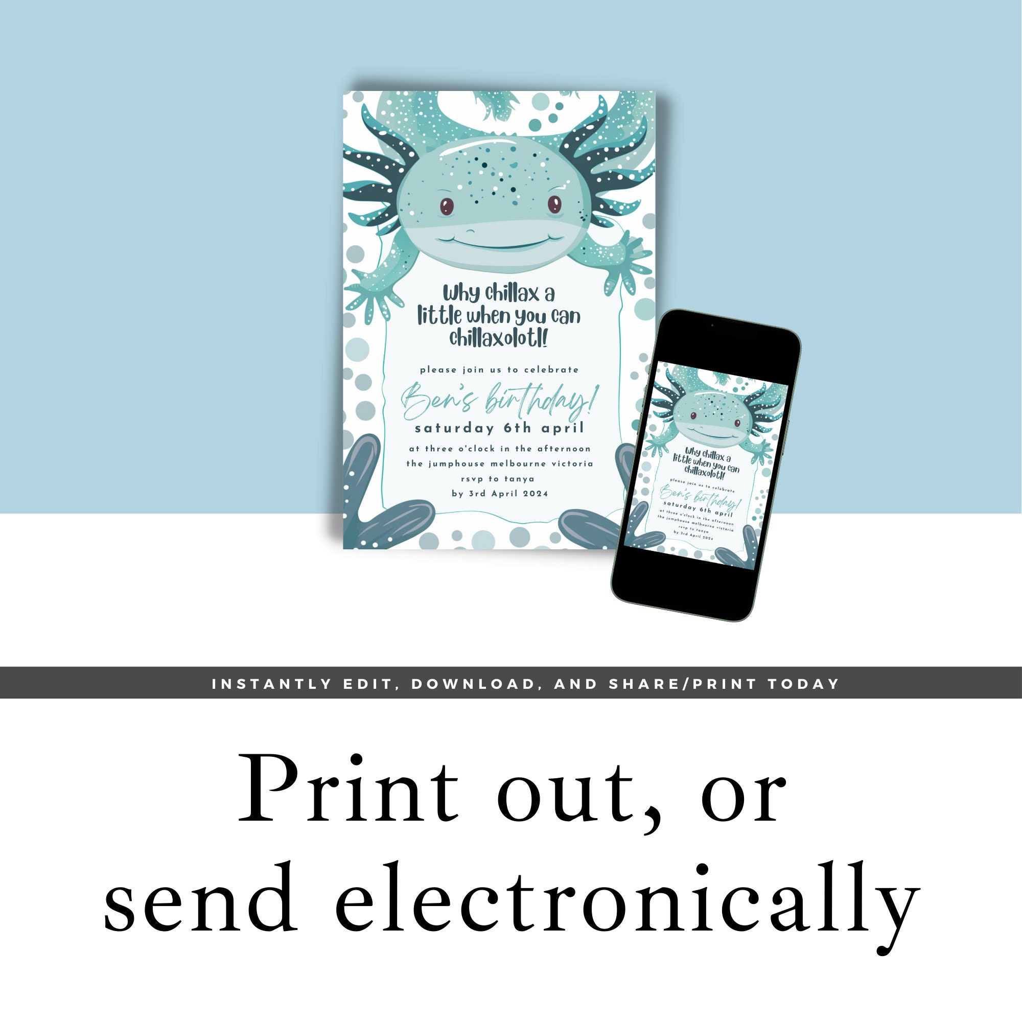 Axolotl Birthday Party Invitation INSTANT DOWNLOAD Girls Boys Birthday ...