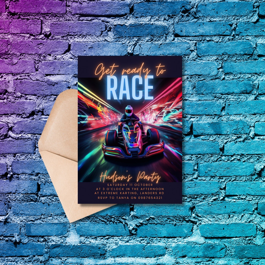 Go Kart Birthday Invitation, Racing Party, Go Karting Invite, Neon ...