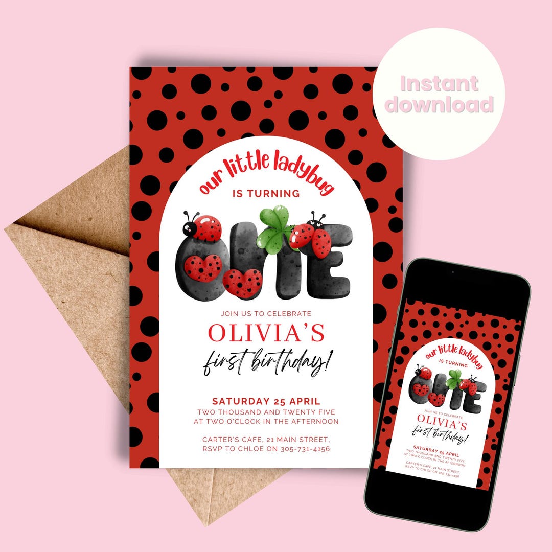 1st Birthday Invitation Digital Ladybug - Ladybird Themed Invite - Red ...