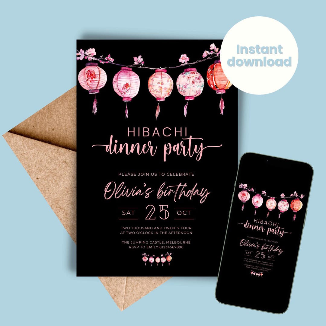 Hibachi Invitation Pink Black Dinner Party Birthday Invite Template ...