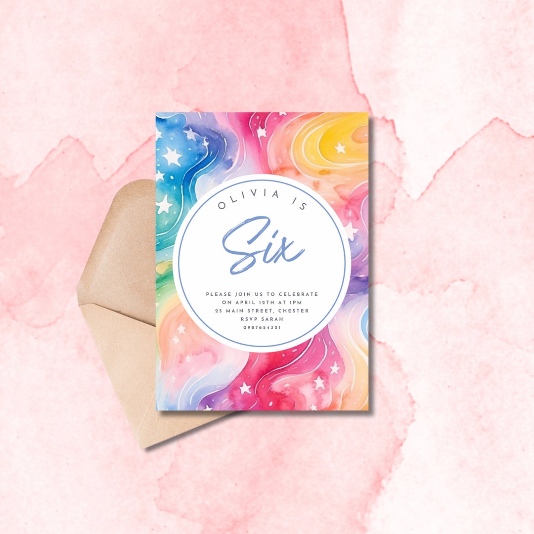 Swirly Pretty Birthday Invitation | Stars | Tie Dye | Birthday Invite ...