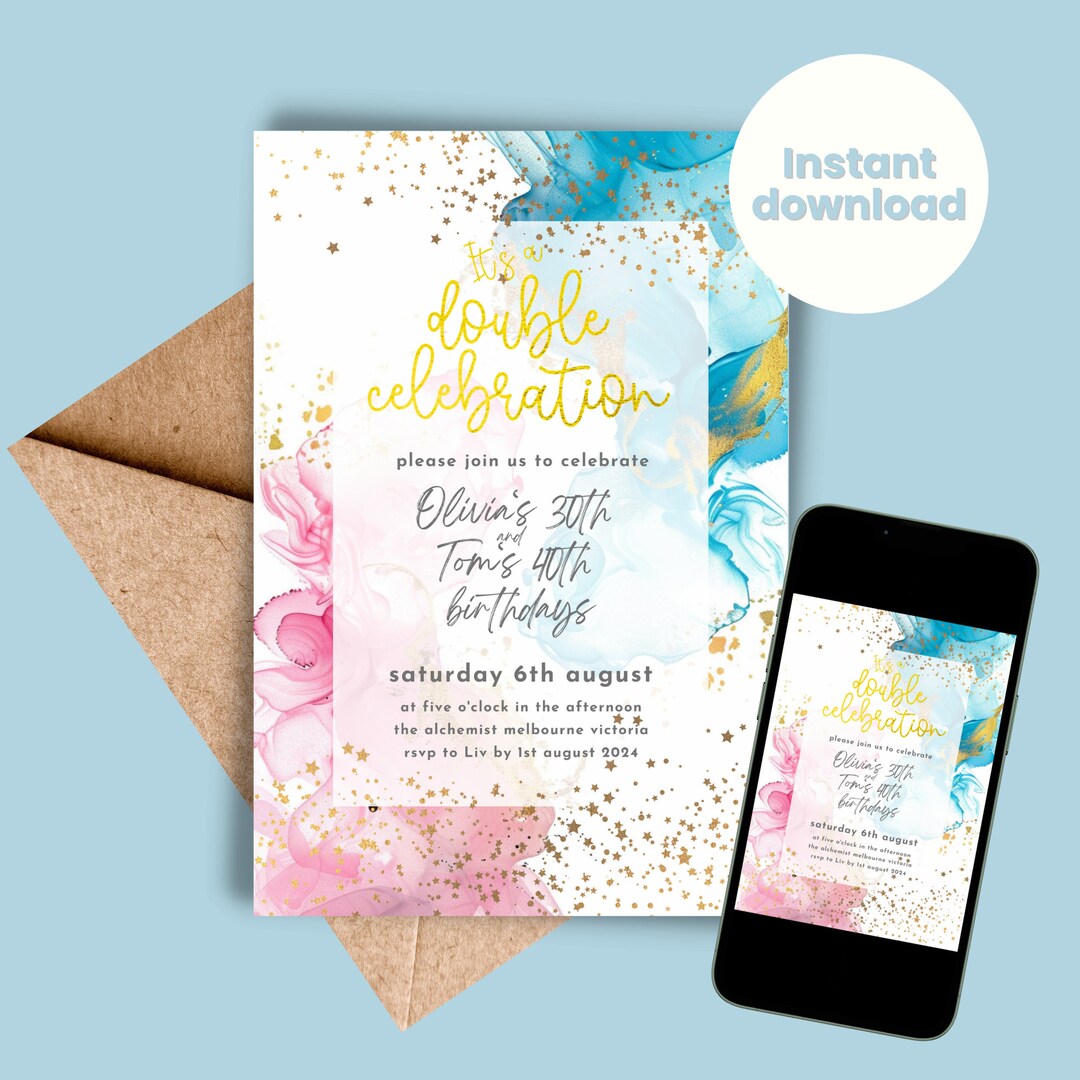 Joint Birthday Invitation Adult Siblings Double Party Invite Blue ...