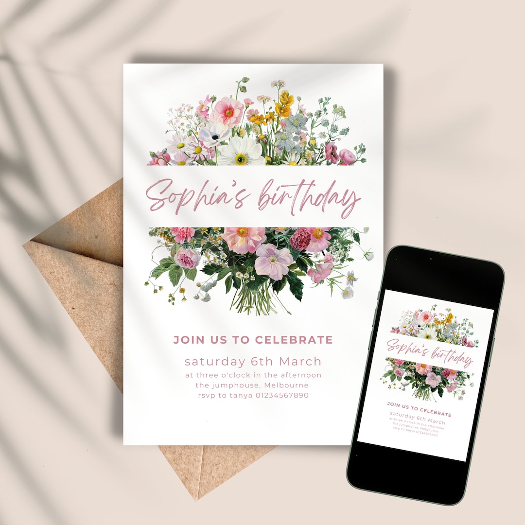 Spring Birthday Party Invitation Floral Invite Flower Bouquet Party ...