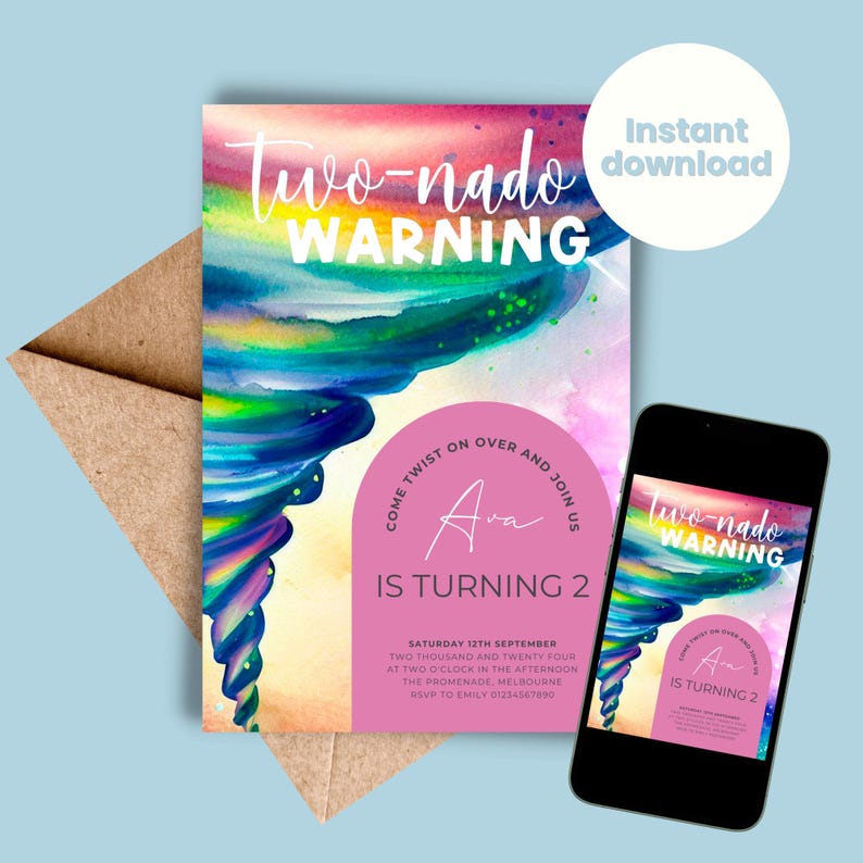 Twister Theme Party Invite Two-nado Birthday Invitation Storm Warning ...