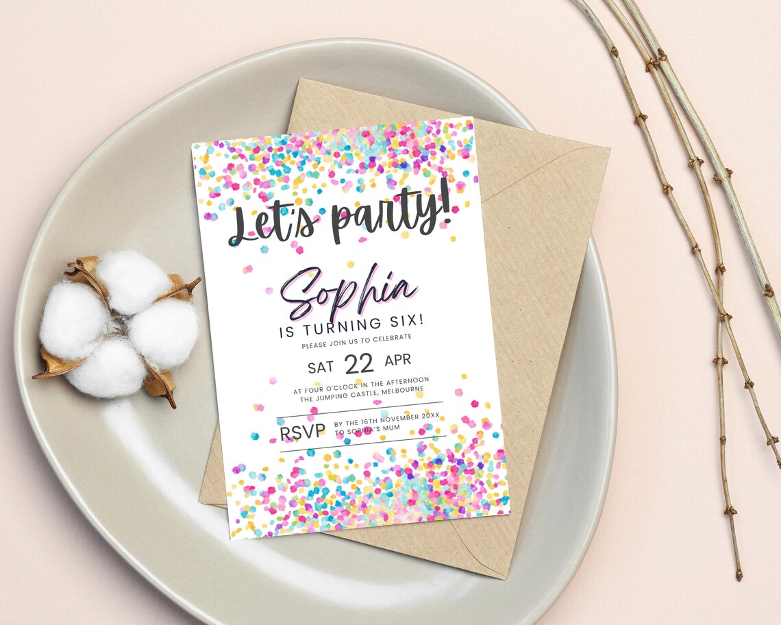 Confetti Party Invitation Let's Party Colorful Invite, Simple Birthday ...