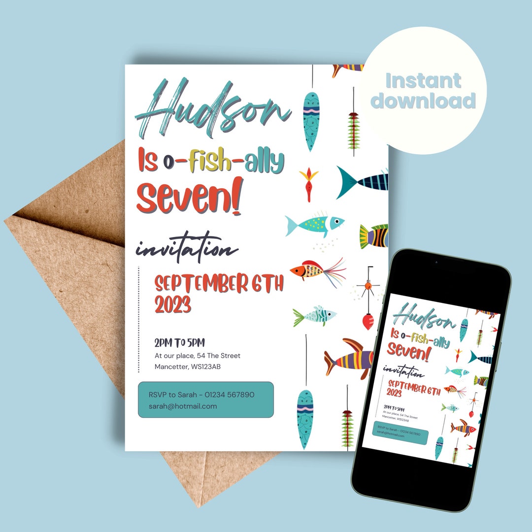 Kids Fishing Birthday Invitation Editable Fish Invite Gone Fishing Bass ...