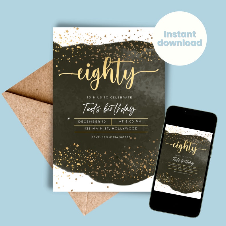 80th Birthday Party Invitation Sparkle Black Monochrome Gold Grey Smoke ...