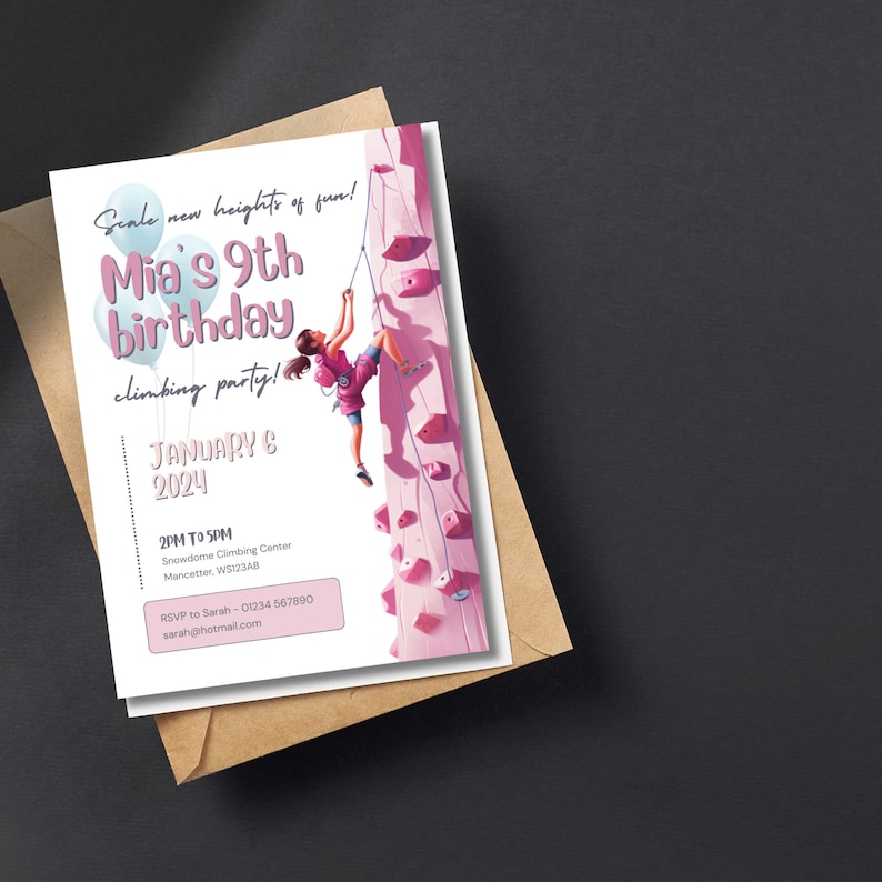 Girls Climbing Birthday Invitation | Climbing Wall Invite | Rock ...