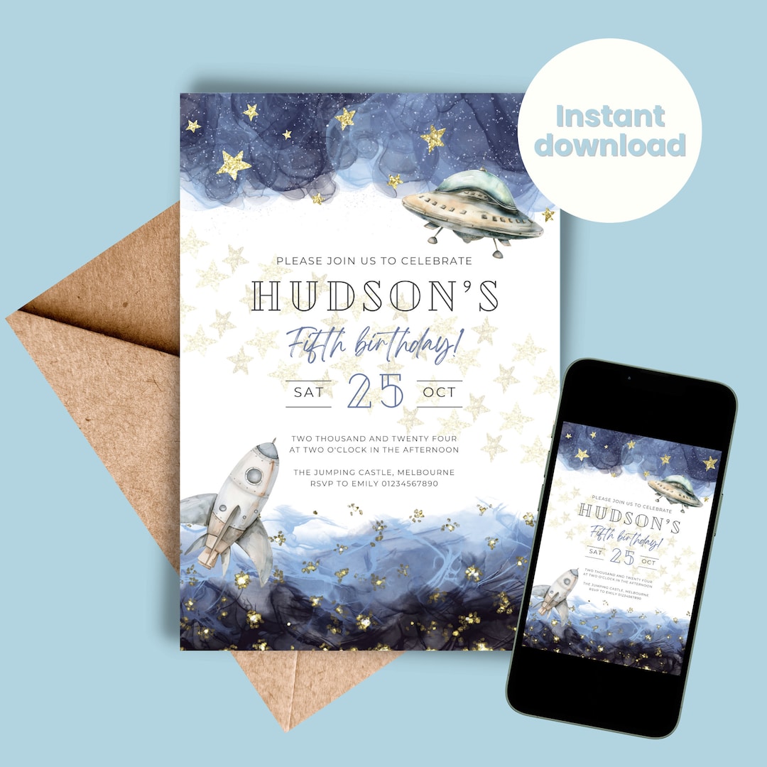 Birthday Space Theme Invitation Template Editable Birthday Blue ...