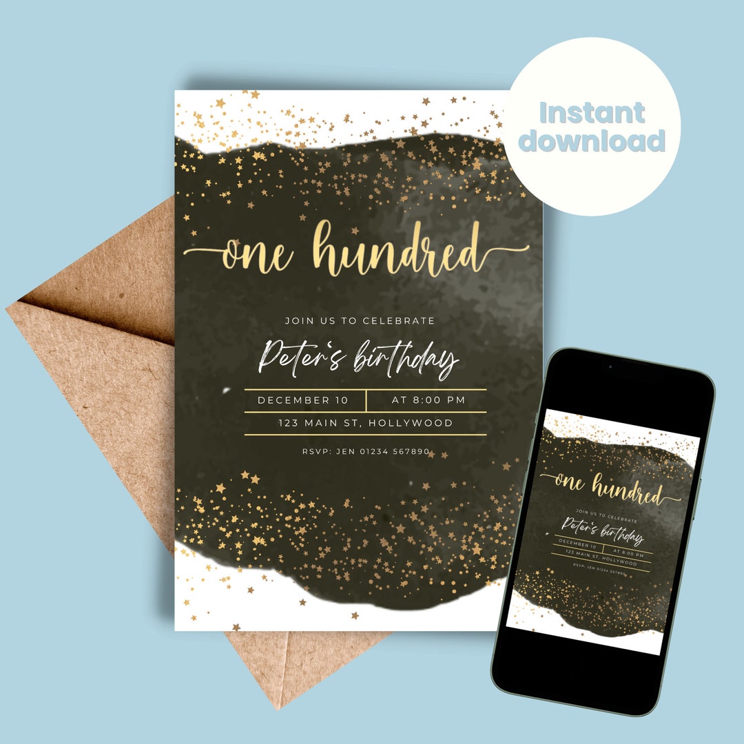 100th Birthday Party Invitation Sparkle Black Monochrome Gold Grey ...