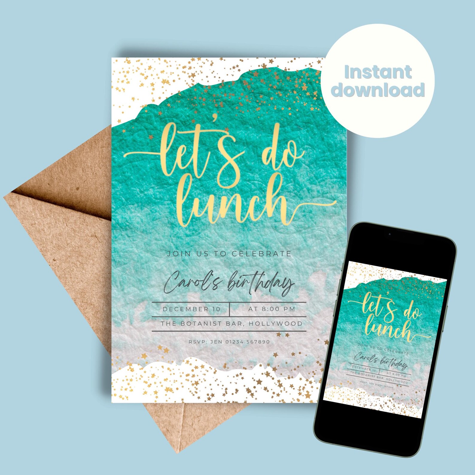 Let's Do Lunch Party Invitation Pastel Sparkle Teal Green Blue Pool ...