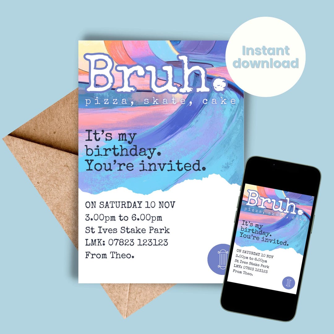 Bruh Skating Party Invitation Skatepark Invite Skateboard Skateboarding ...