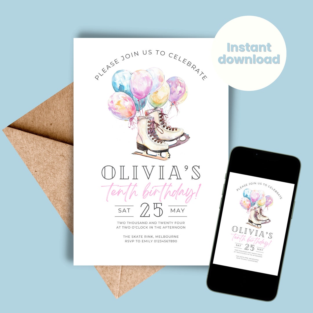 Ice Skating Birthday Party Invitation Template Editable Birthday Pink ...