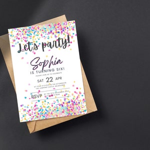 Confetti Party Invitation Let's Party Colorful Invite, Simple Birthday ...