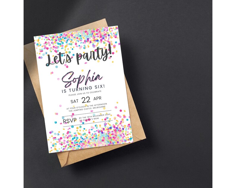 Confetti Party Invitation Let's Party Colorful Invite, Simple Birthday ...