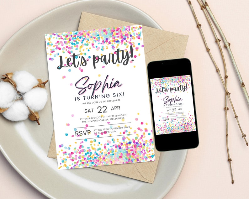 Confetti Party Invitation Let's Party Colorful Invite, Simple Birthday ...