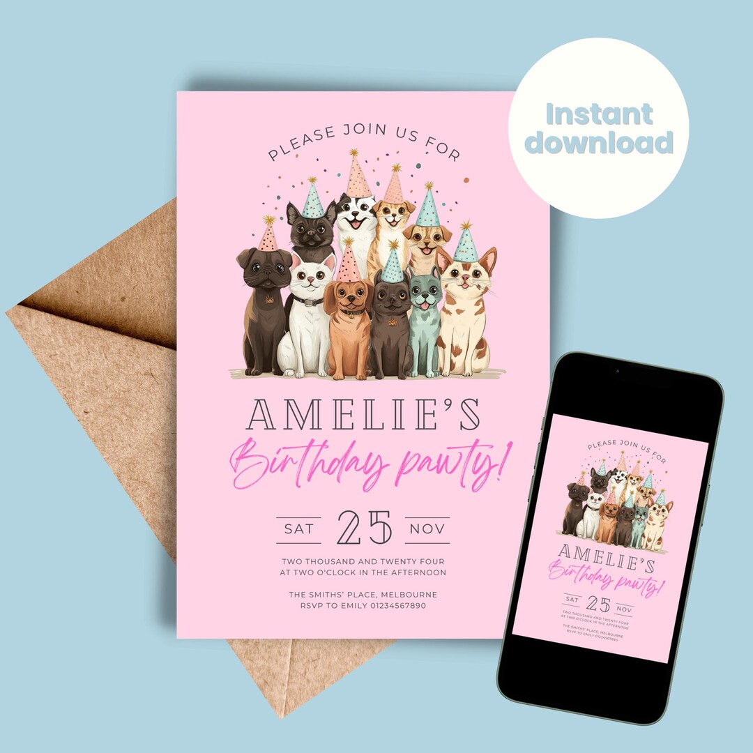 Cat and Dog Theme Birthday Invite Cats and Dogs Invitation Let's Pawty ...