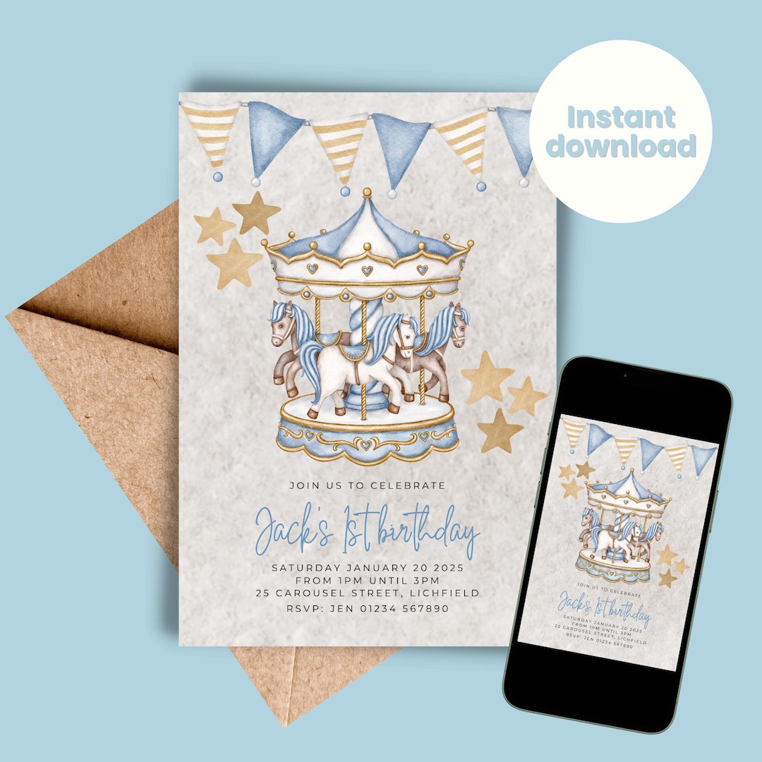 Carousel Birthday Party Invitation Boy - Blue Carousel Circus Horse ...