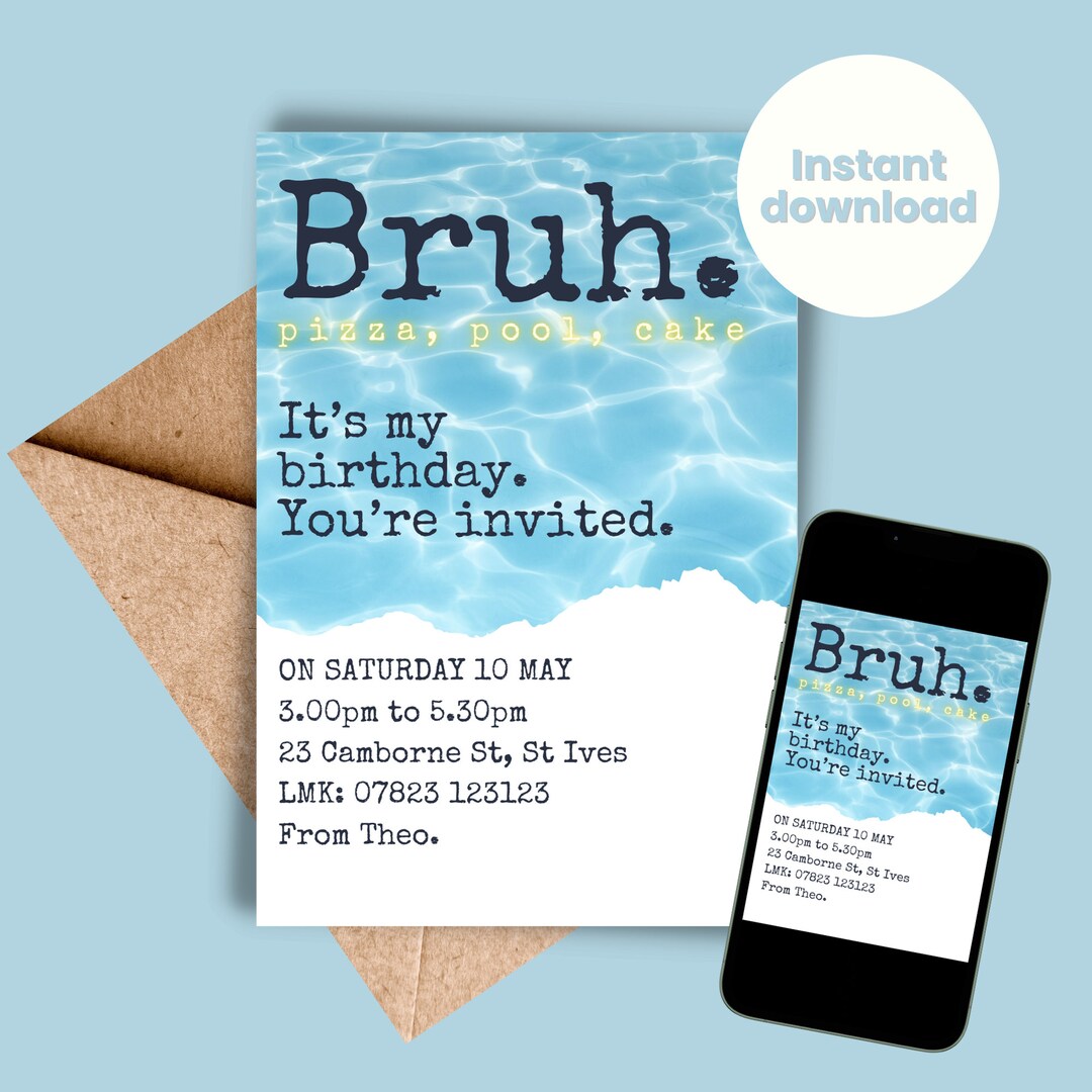 Bruh Birthday Invitation Boy Pool Birthday Party Invitation Bruh It's ...
