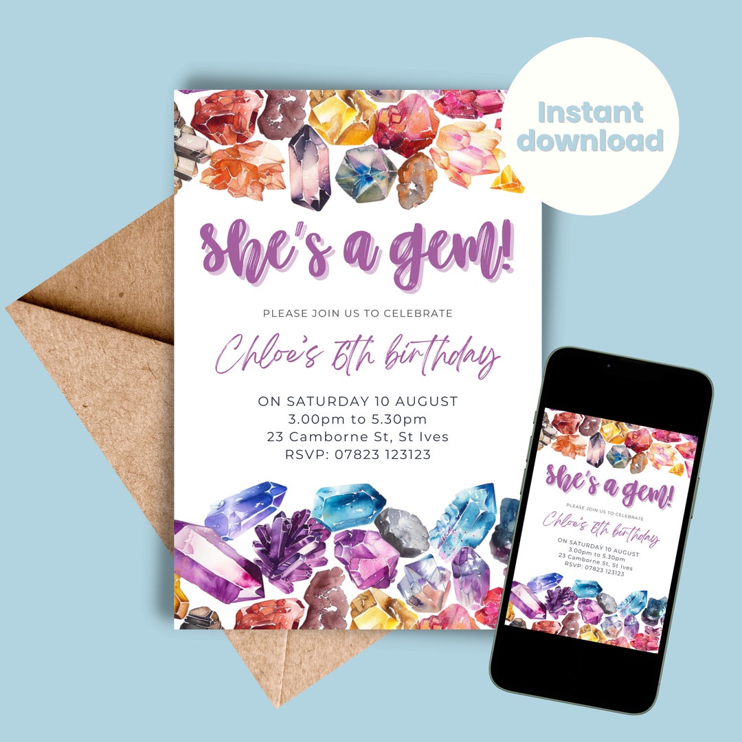 Gems Theme Invitation Template Editable Birthday Rocks Gems Crystals ...