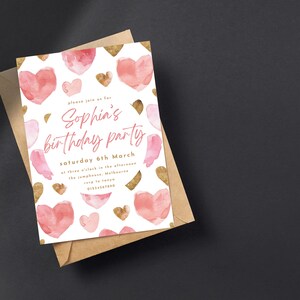 Heart Birthday Party Invitation Hearts Invite Pink and Gold Editable ...
