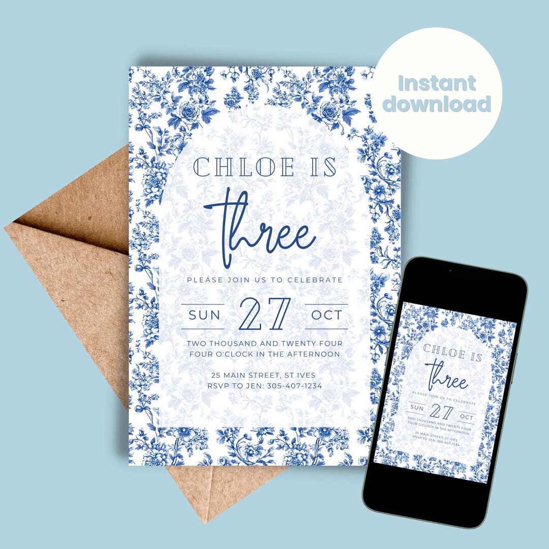 Blue Toile Birthday Invitation Template Toile De Jouy Blue Floral ...