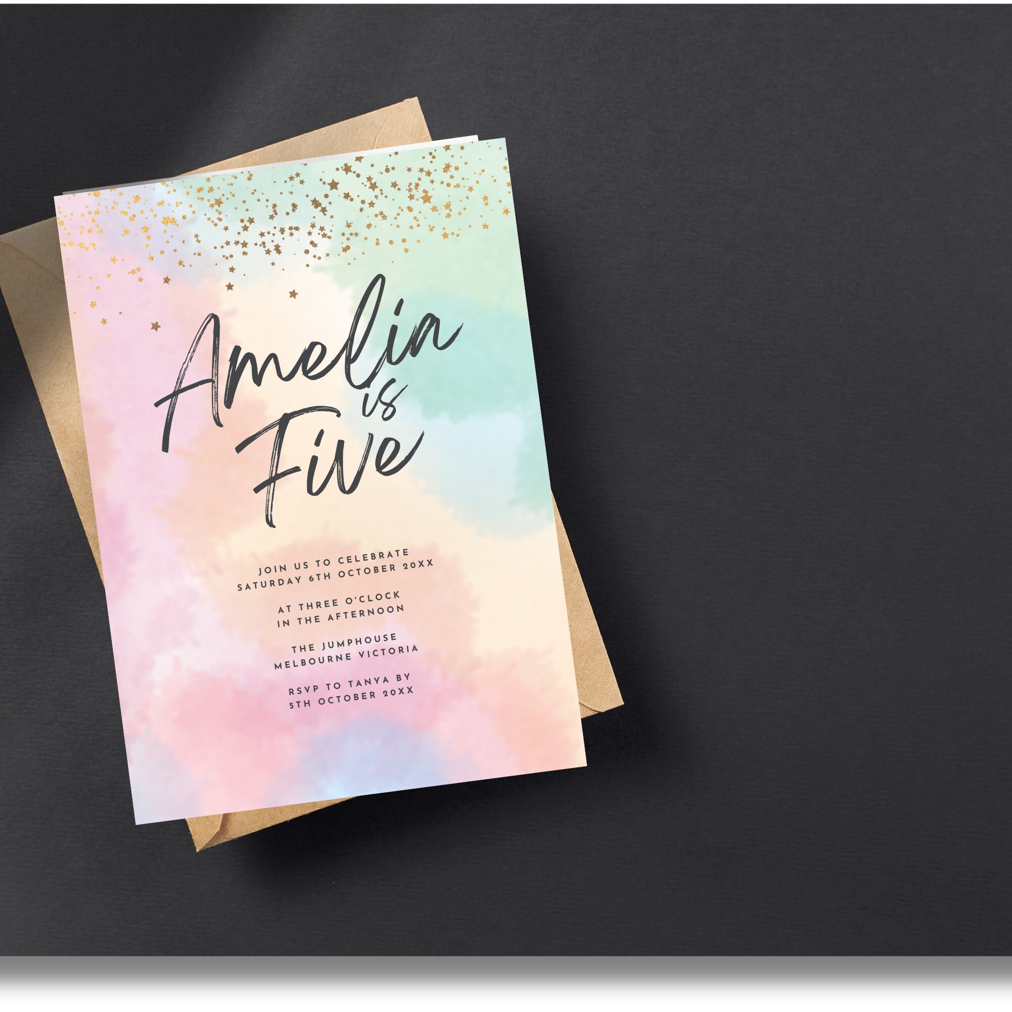 5th Birthday Party Invitation for Girl Rainbow Pastel Sparkles Gold ...