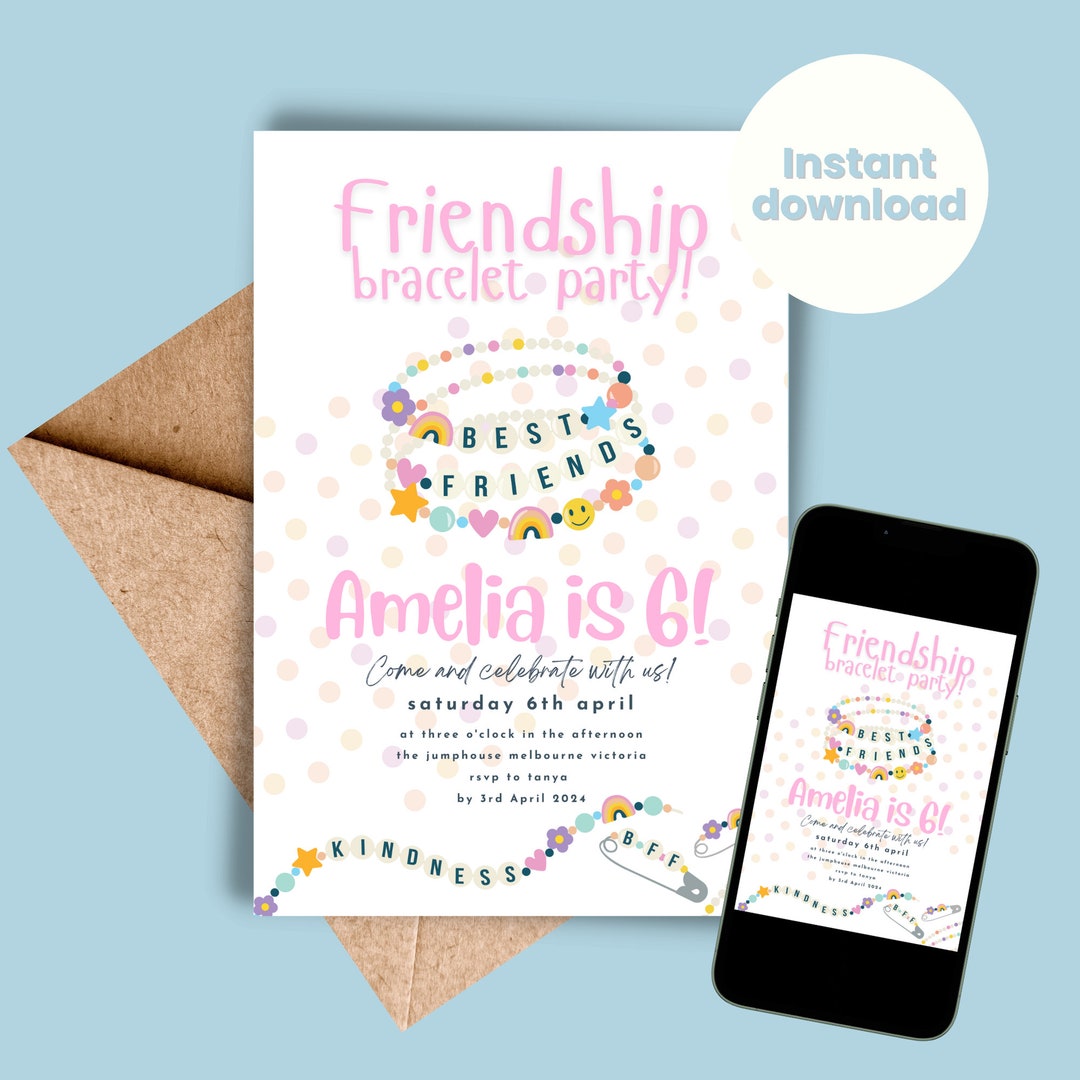 Friendship Bracelet Party Invitation Jewellery Invite Let's Make Some Bracelets, Girl Birthday ...