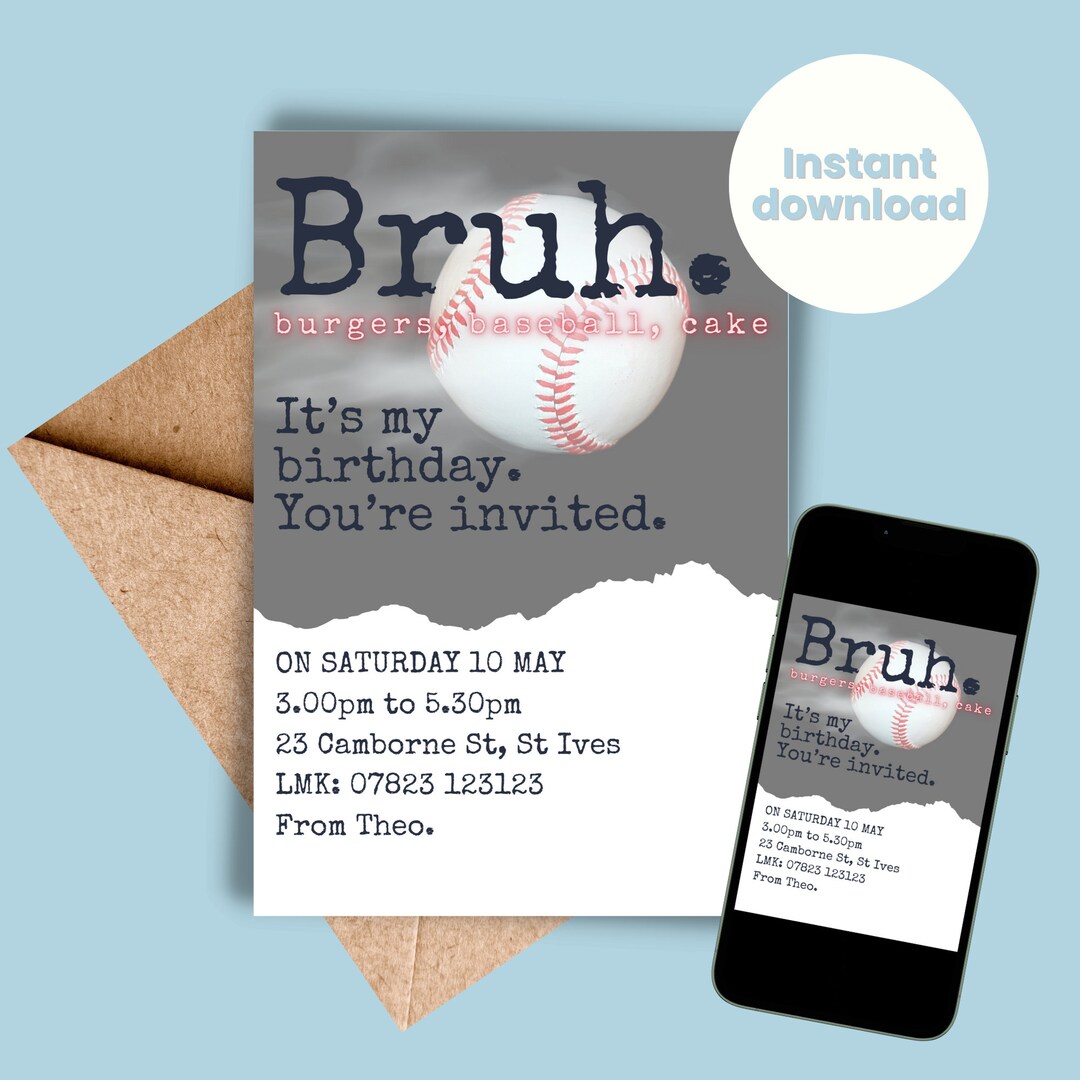 Bruh Birthday Invitation Boy Baseball Birthday Party Invitation Bruh It ...