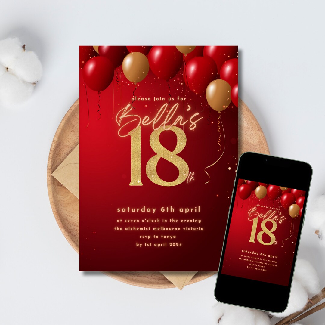 18th Birthday Invite Red Party Invitation Eighteenth Red and Gold ...