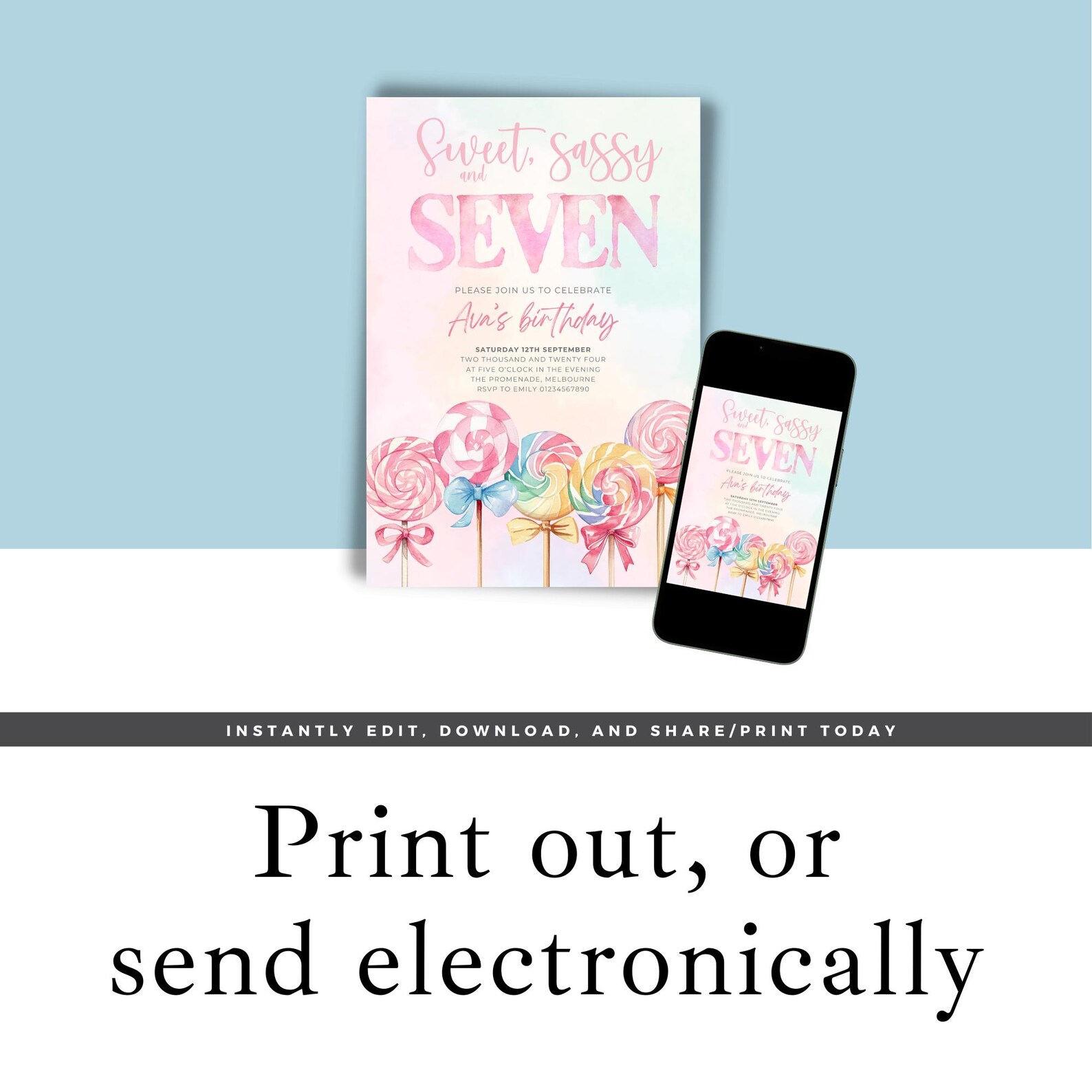 Sweet Sassy and Seven Birthday Invitation Editable Template Seventh ...