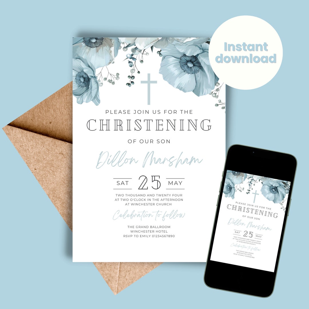 Boys Christening Invitation Boy Baptism Template Blue Invite Template ...