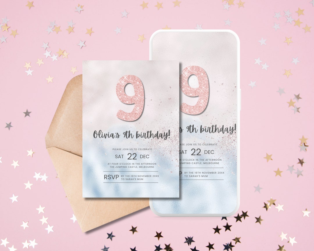 Editable Pink 9th Birthday Invitation | Template Glitter Birthday Party ...