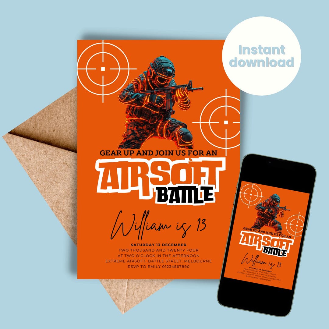 Airsoft Birthday Invite Boys Party Invitation Game Ammo Gun Invite ...